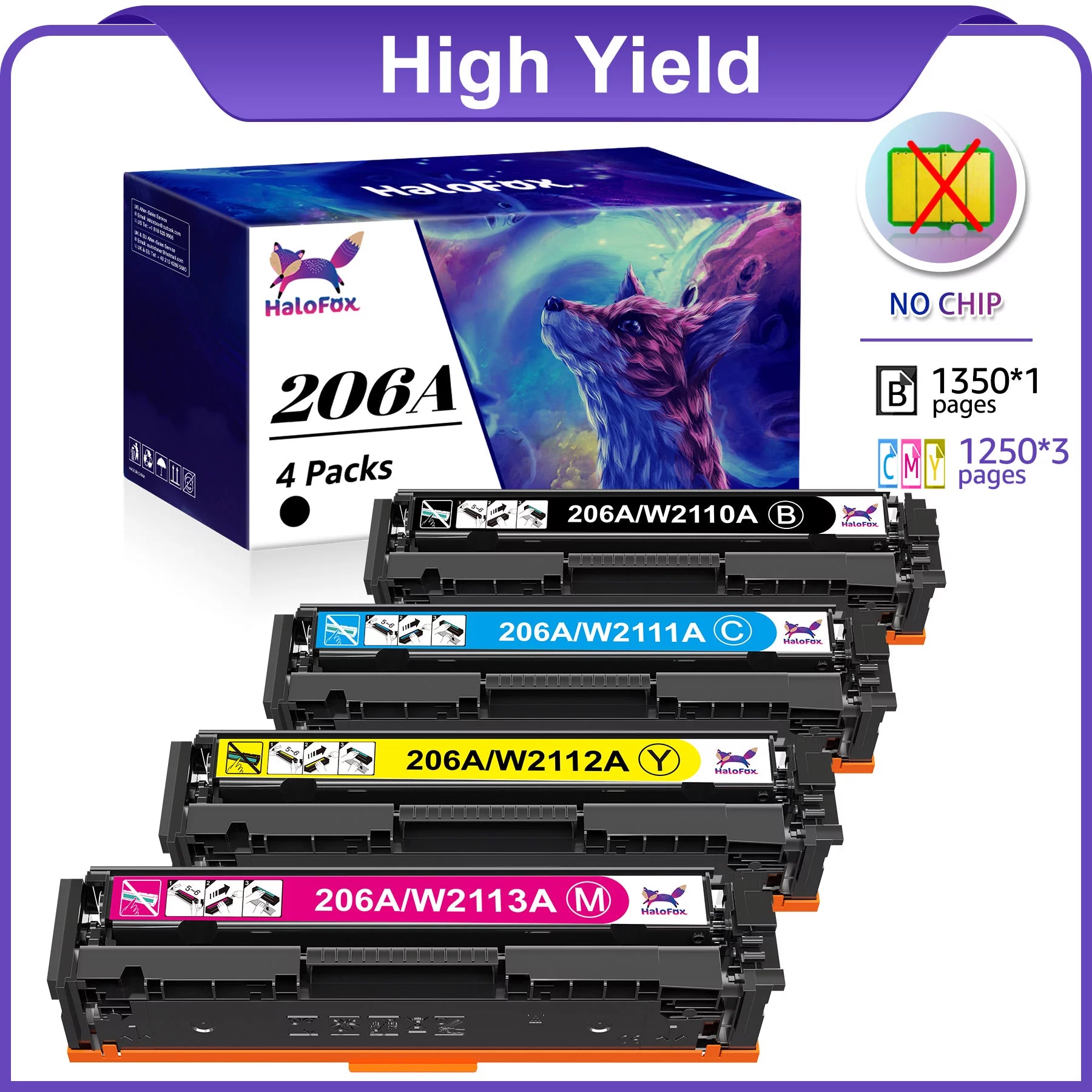 206A W2110A Toner for HP Printer,Black Cyan Magenta Yellow,4 Pack(No C ...